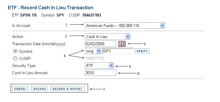 ETF - Record Cash in Lieu Transaction