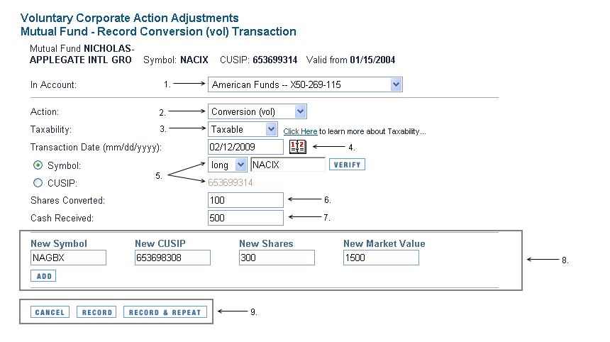 Mutual Fund - Record Conversion (vol) Transaction