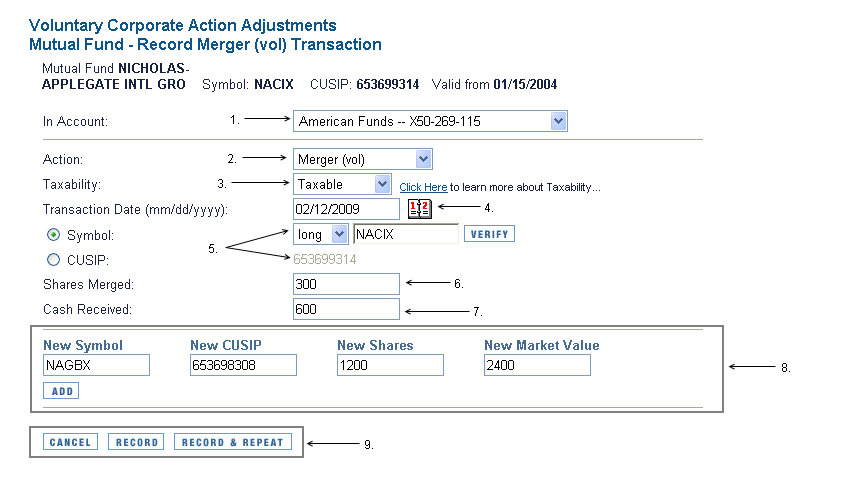 Mutual Fund - Record Merger (vol) Transaction
