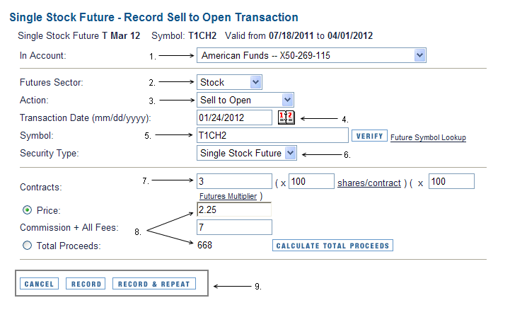 Single Stock Future - Record Sell to Open Transaction